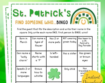 St. Patrick's Day FIND SOMEONE BINGO Game - St. Patrick's Find the ...