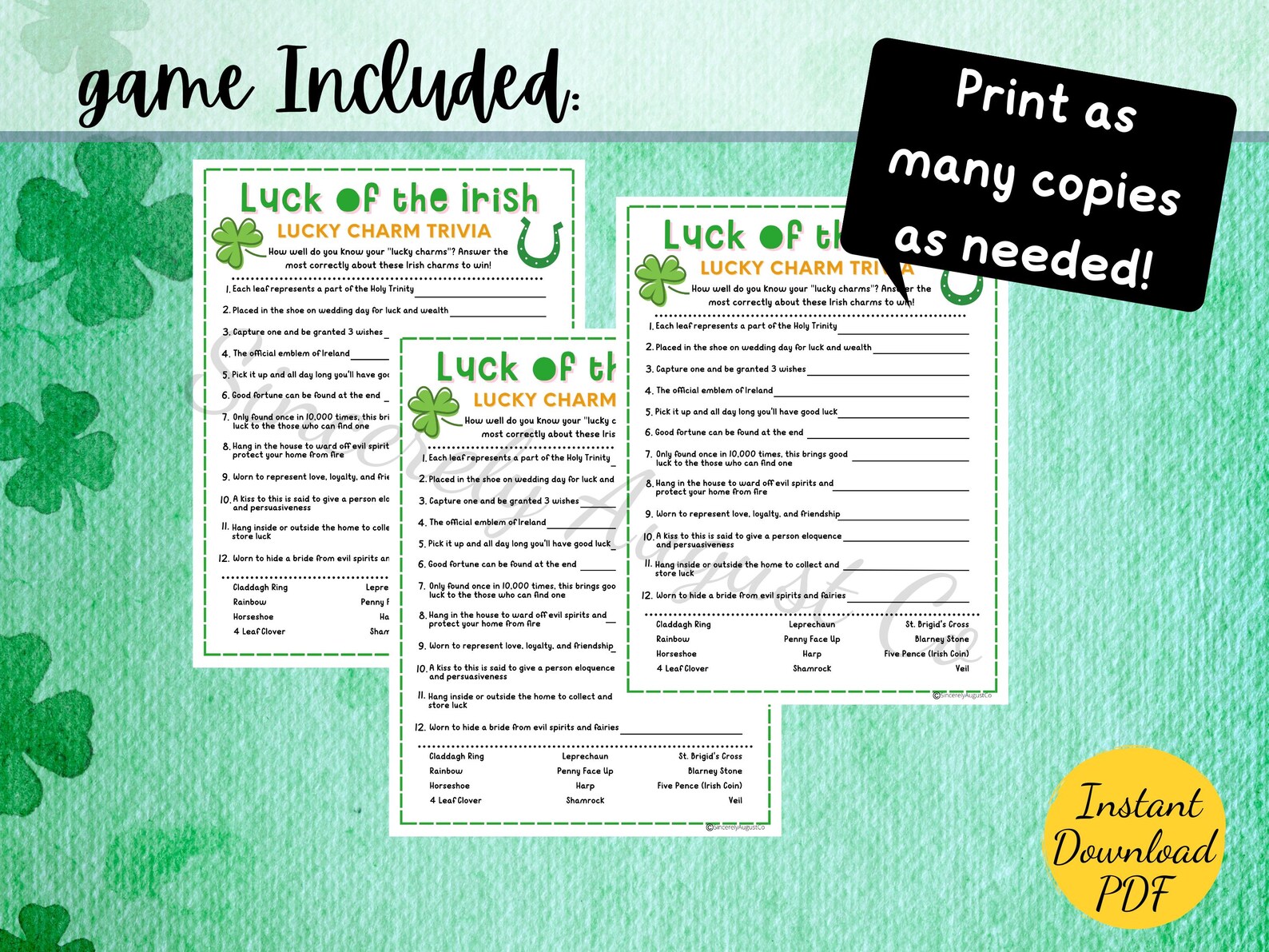 LUCK of the IRISH Game - St. Patrick's Day Party Game - Printable St ...
