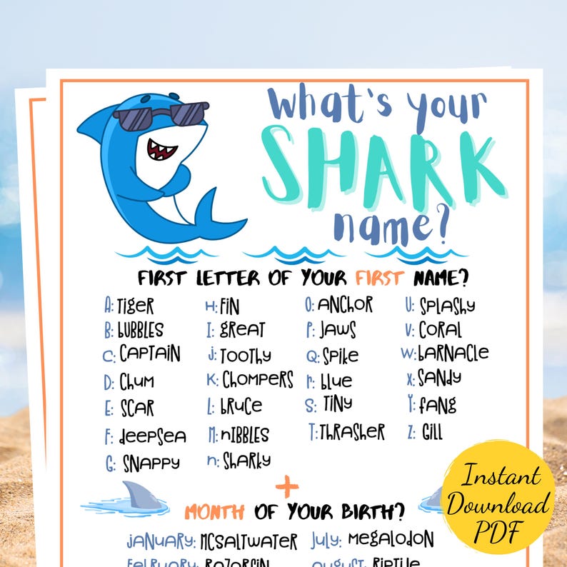 What's Your SHARK NAME? - Printable Summer and Beach Party Game - Shark ...