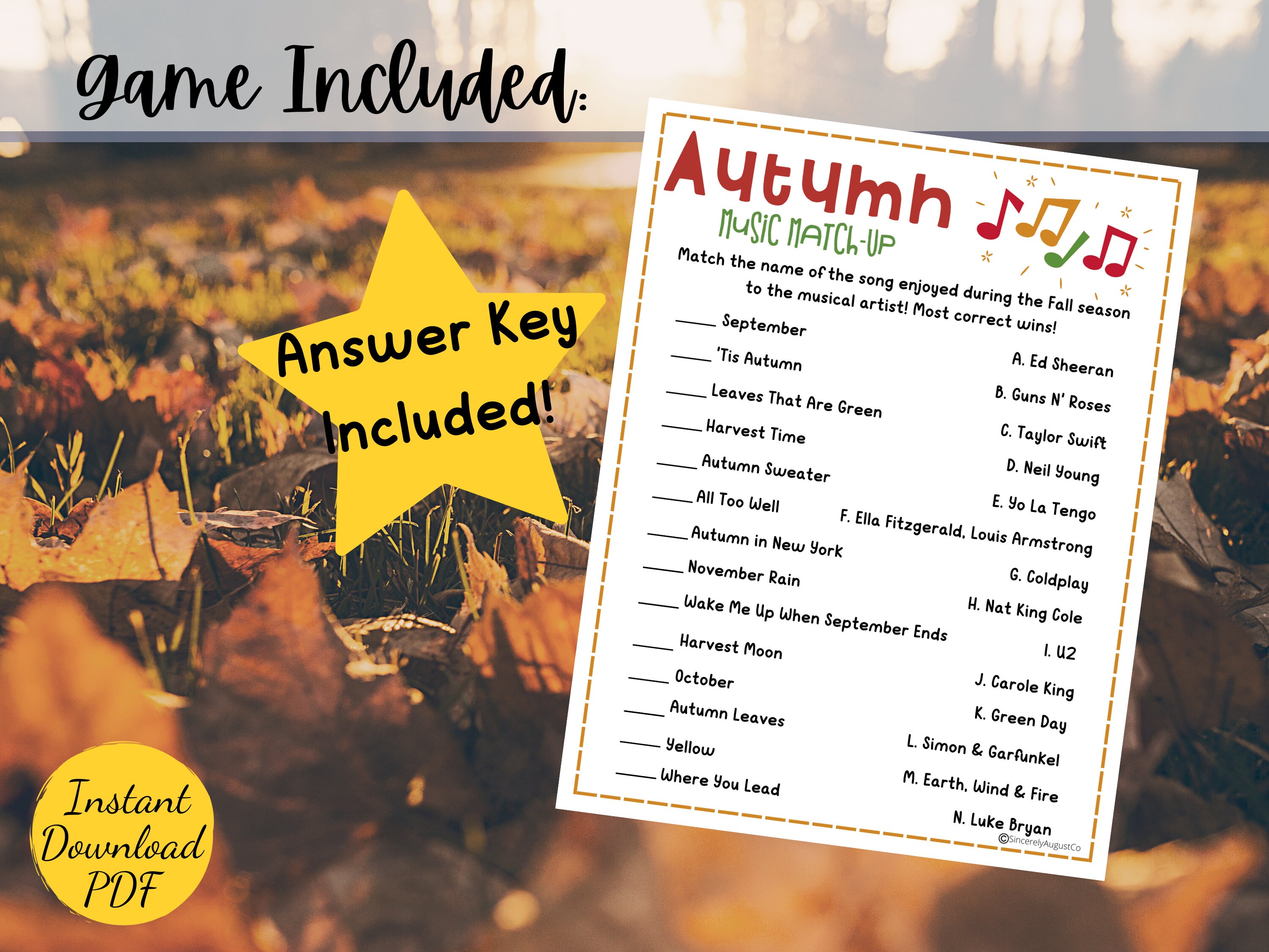Fall MUSIC MATCH Game Printable Autumn Party Game Fall - Etsy