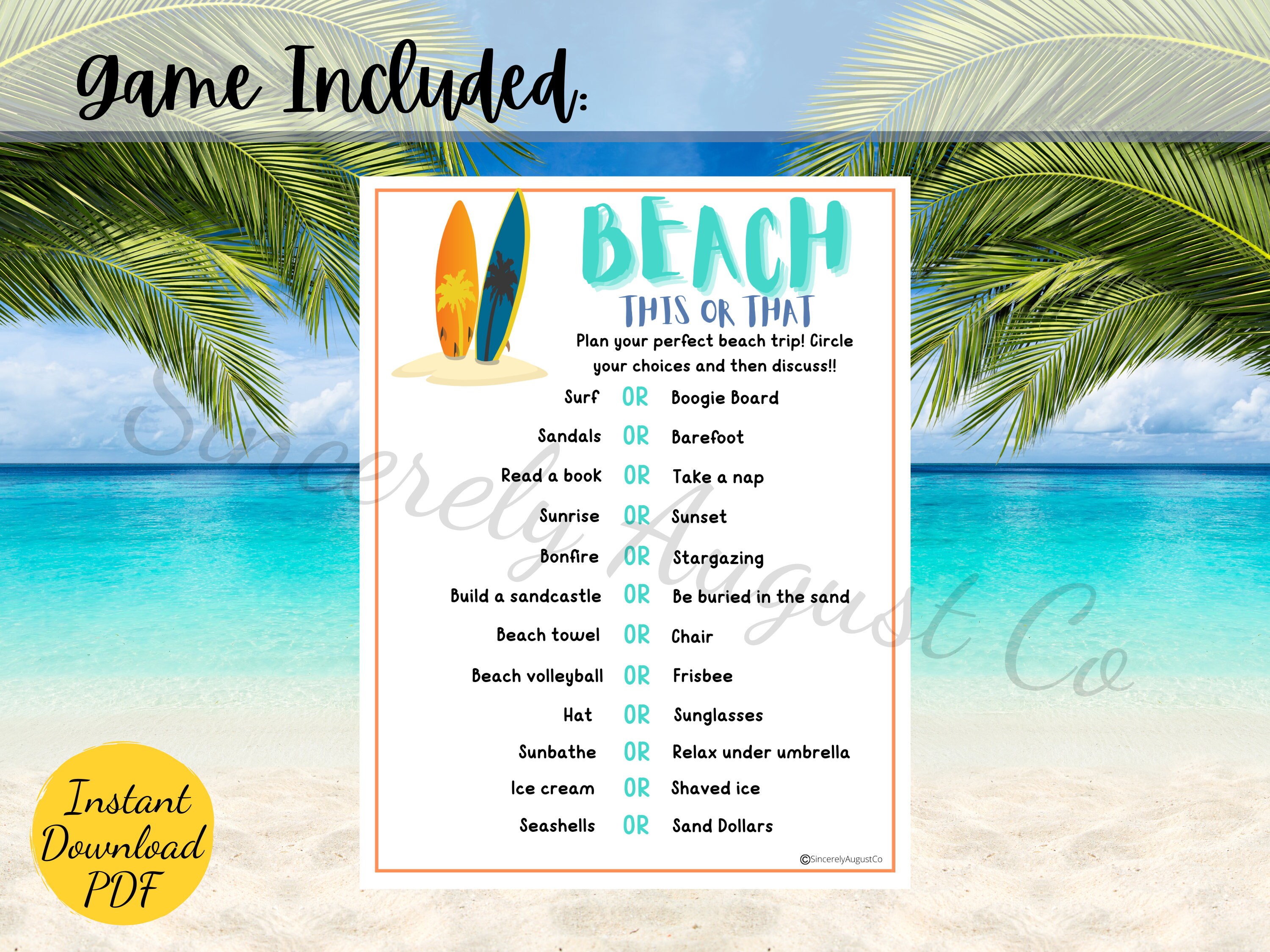 Beach THIS OR THAT Game - Beach Day Would You Rather - Printable Beach ...