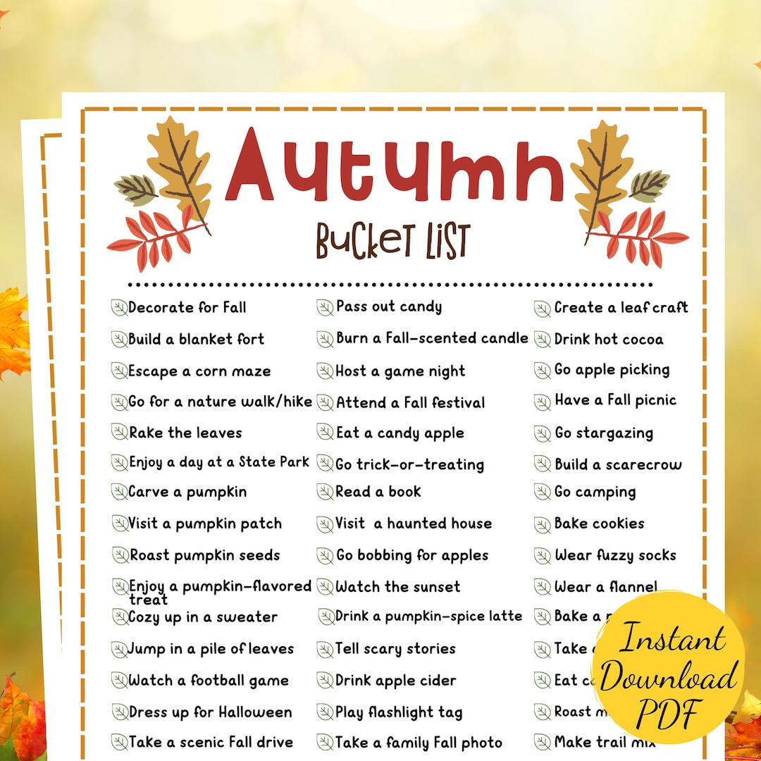 FALL BUCKET LIST Printable List of Autumn Activities Fall Season Ideas ...