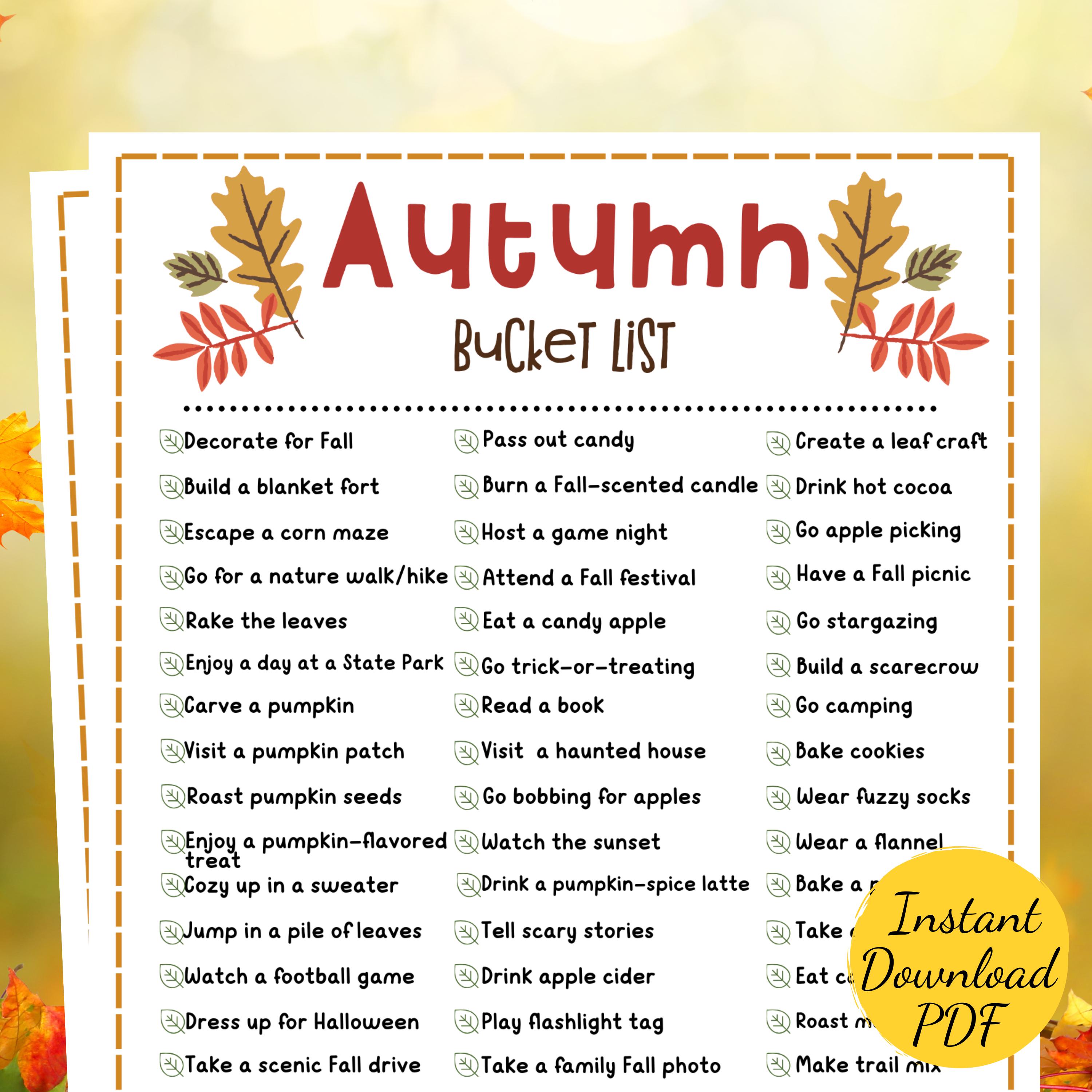 FALL BUCKET LIST Printable List of Autumn Activities Fall Season Ideas ...