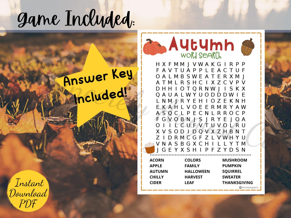 Fall WORD SEARCH - Fall CROSSWORD - Printable Fall Season Game - Autumn ...