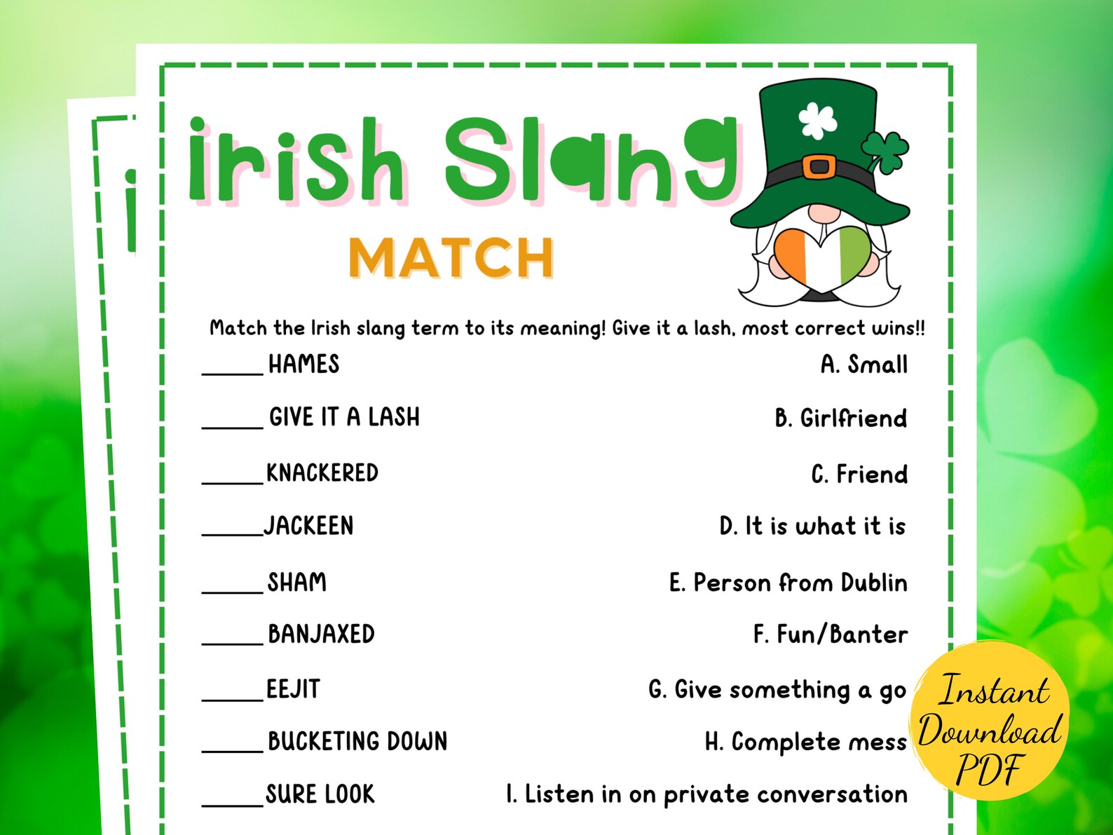 St. Patrick's Day IRISH SLANG MATCH Game St. Patrick's Day Party Game ...