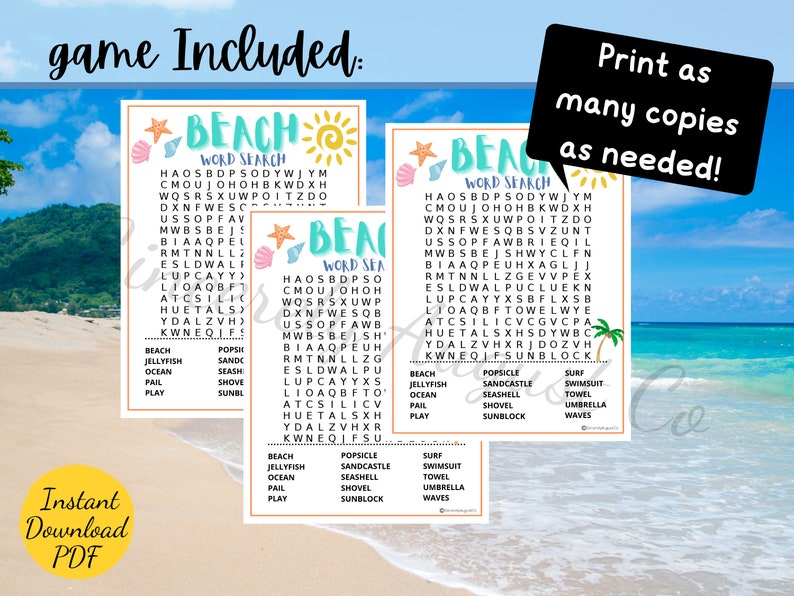 Beach Day WORD SEARCH - Beach Party Game - Printable Beach Day Activity ...