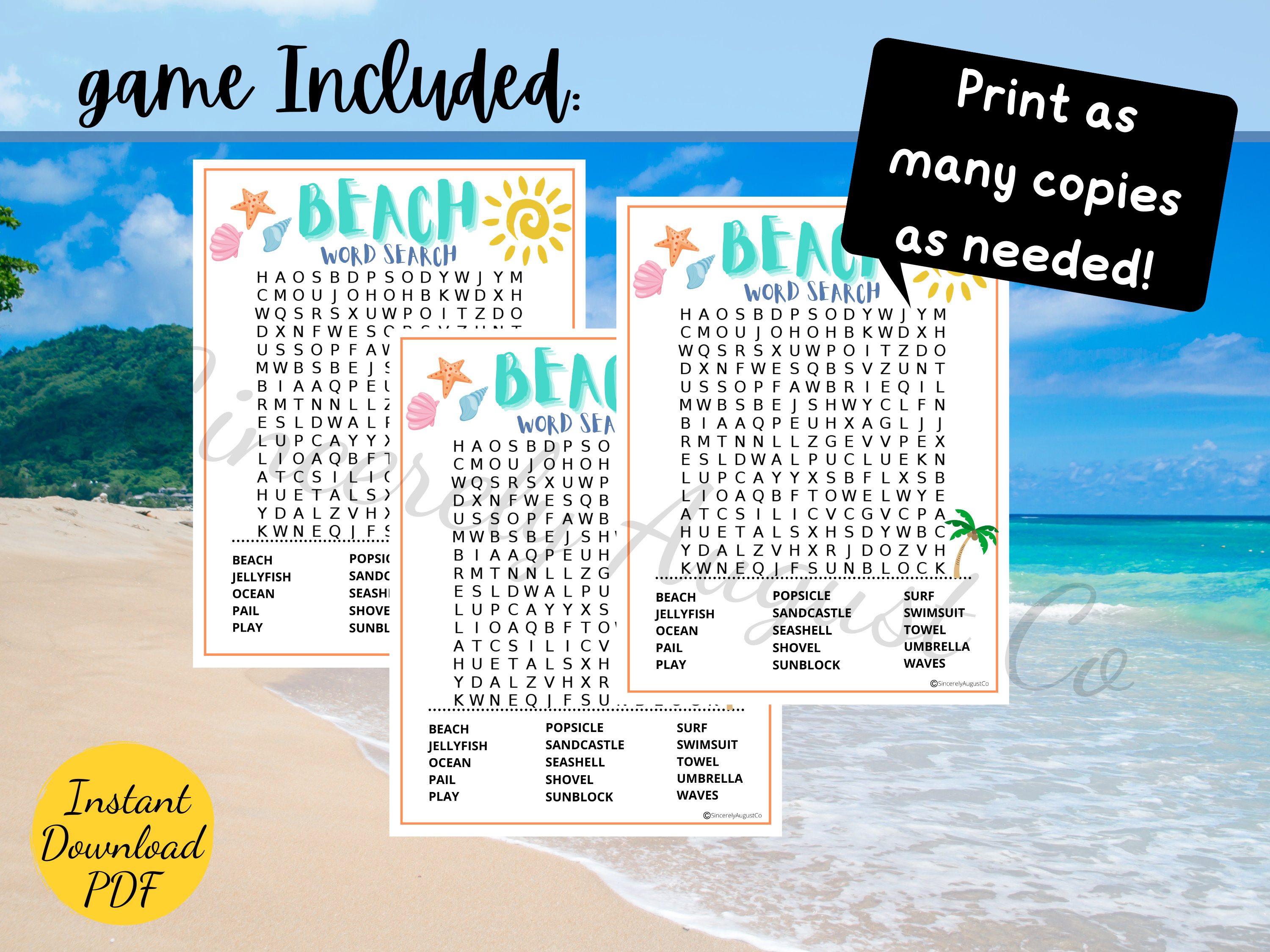 Beach Day WORD SEARCH - Beach Party Game - Printable Beach Day Activity ...