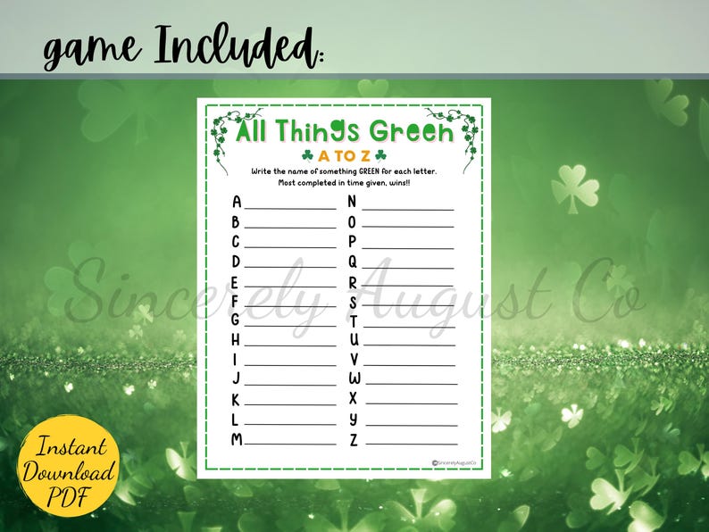 ALL THINGS GREEN A to Z - St. Patrick's Day Party Game - Printable St ...