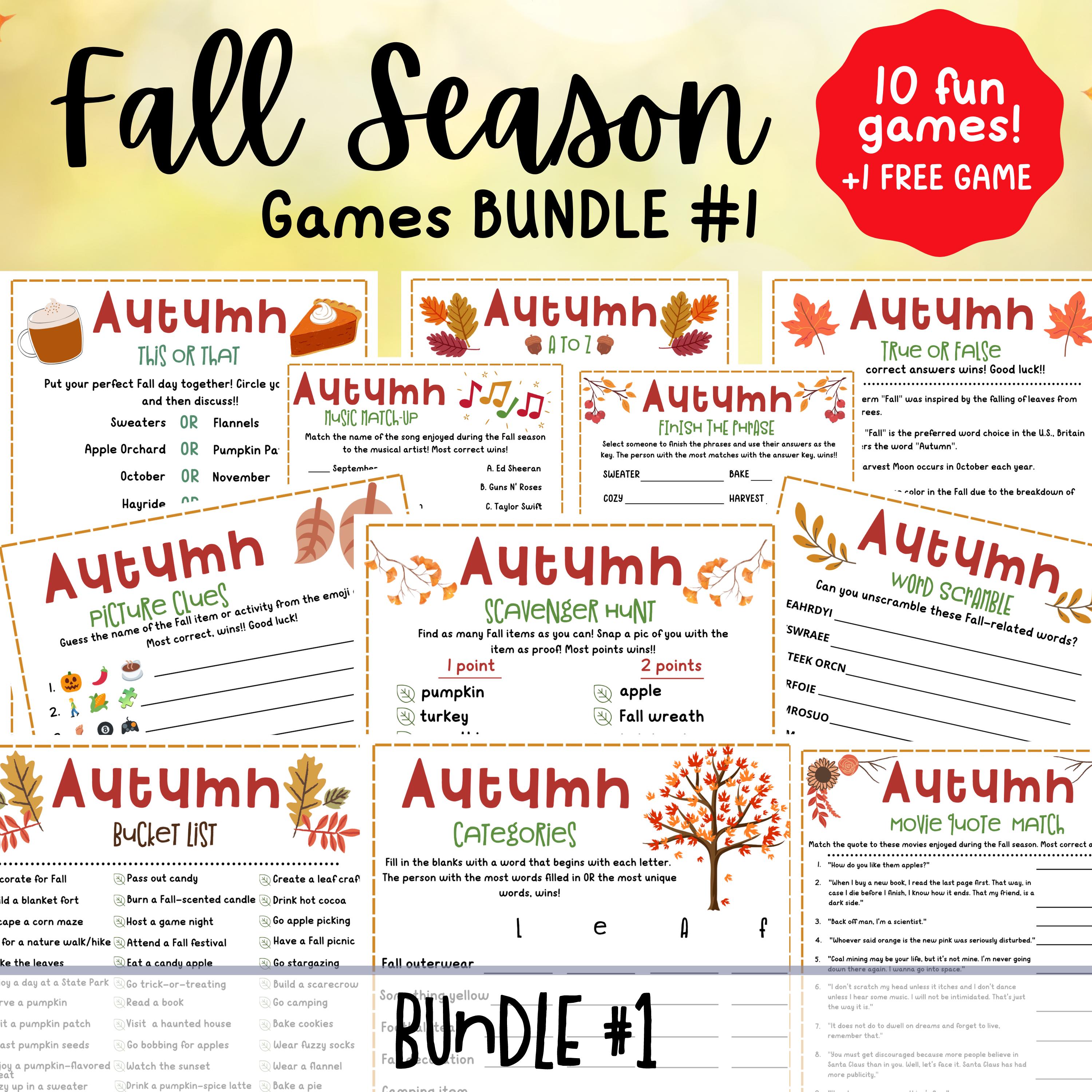 FALL Season GAMES BUNDLE Printable Autumn Games Fall Games for Families ...
