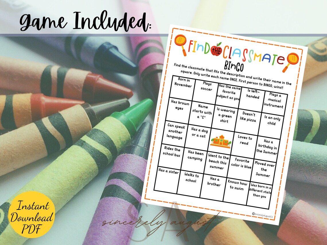 Back to School BINGO Game Find the Classmate Bingo First - Etsy