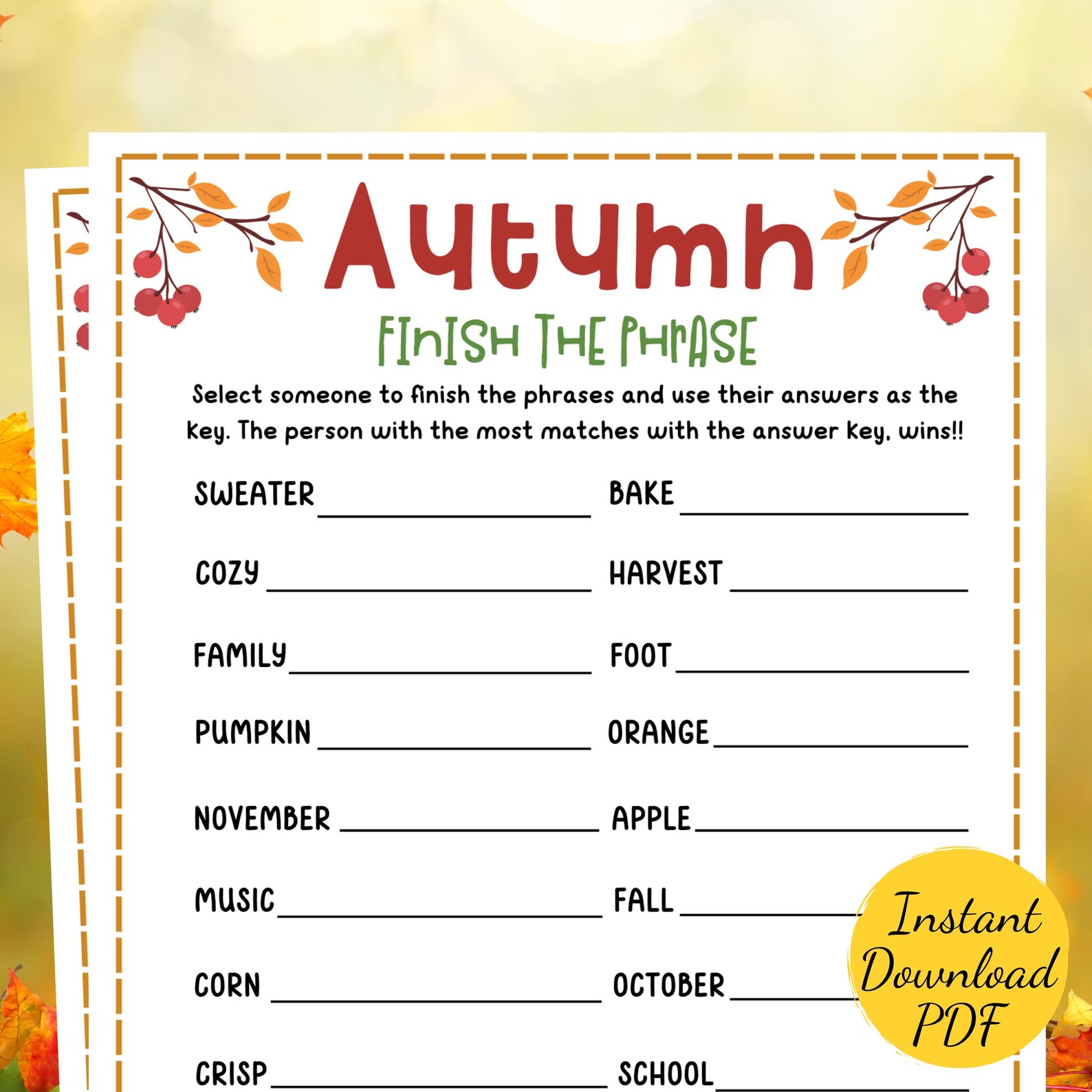 FINISH THE PHRASE Fall Game Printable Autumn Party Game Seasonal Party ...