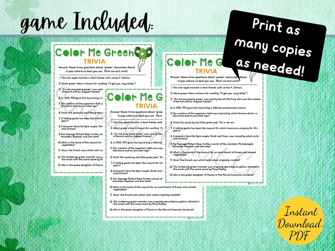St. Patrick's Day TRIVIA Game: Color Me Green (printable PDF) - Etsy