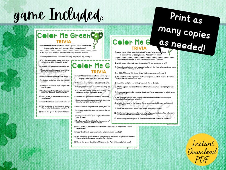 St. Patrick's Day TRIVIA Game: Color Me Green (printable PDF) - Etsy