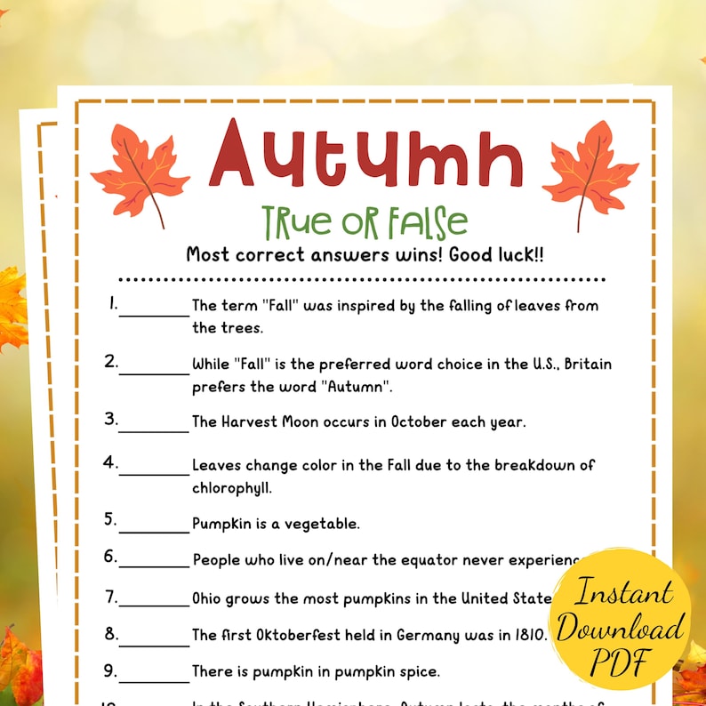 TRUE OR FALSE Fall Game Fall Trivia Game Fun Printable Autumn Activity ...