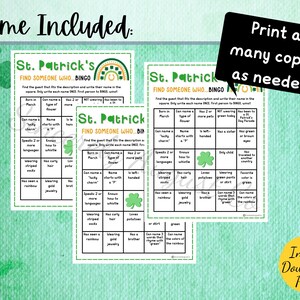 St. Patricks Day FIND SOMEONE BINGO Game - St. Patricks Find the Guest ...