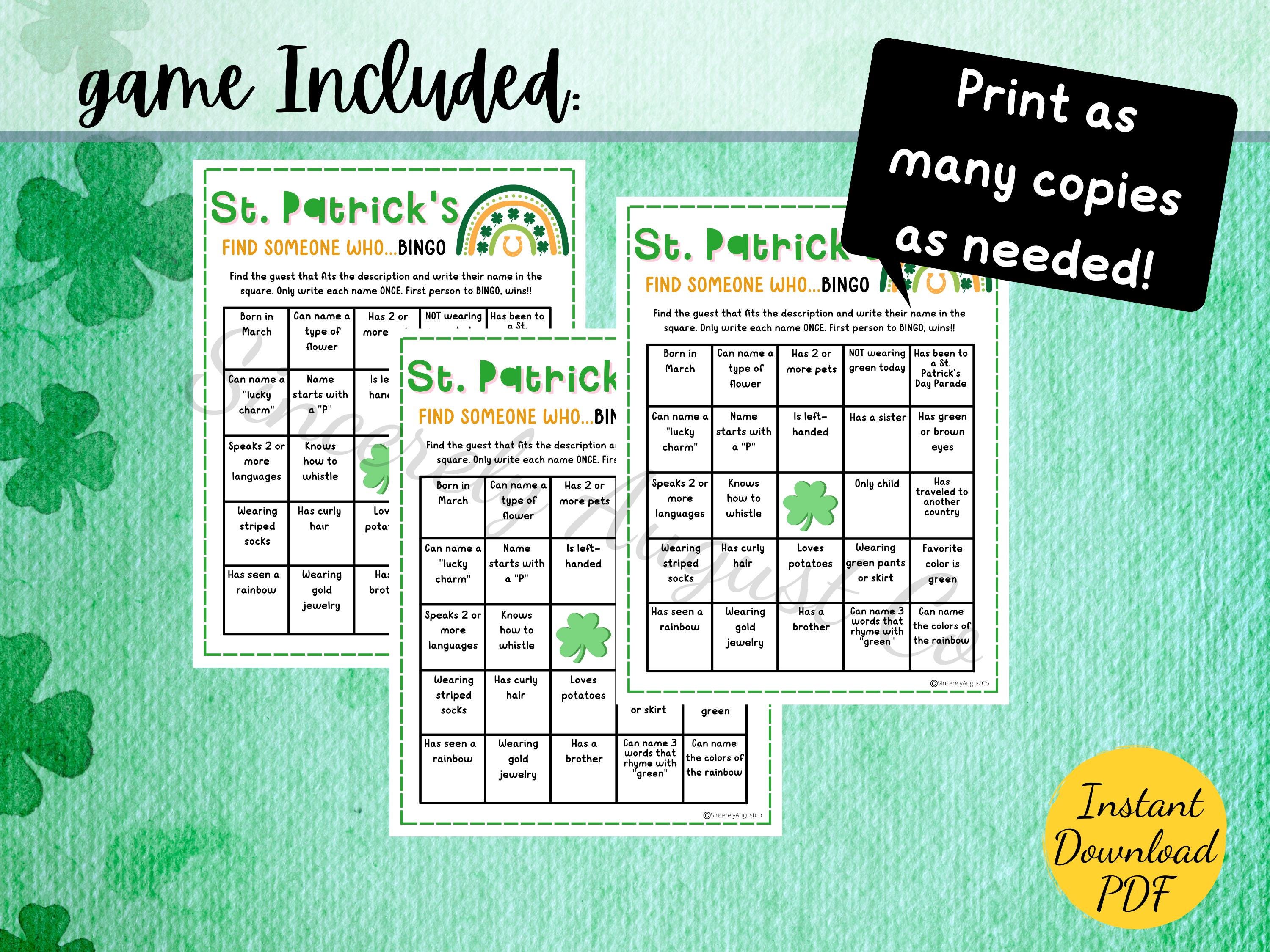 St. Patricks Day FIND SOMEONE BINGO Game - St. Patricks Find the Guest ...