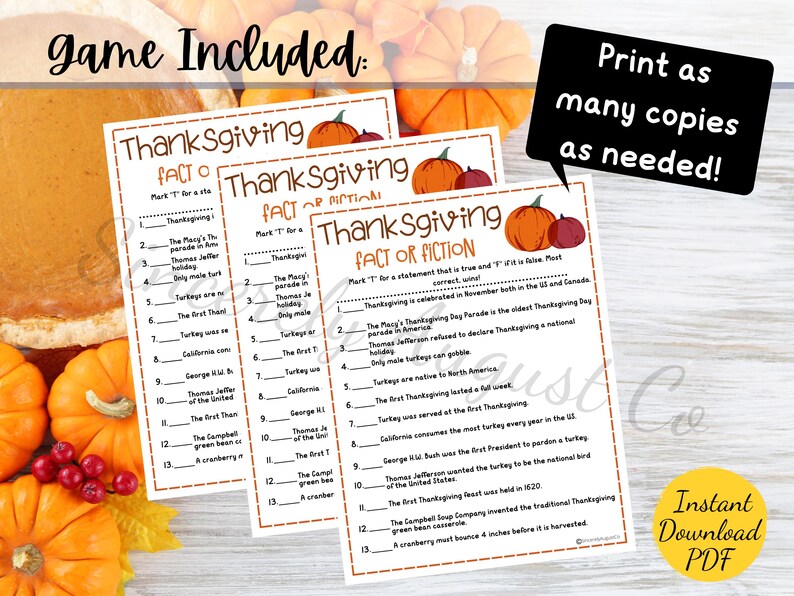 Thanksgiving FACT or FICTION Game: Printable Trivia (PDF) - Etsy