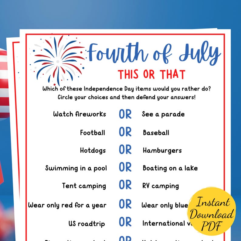 Fourth of July THIS OR THAT Game - July 4th Party Game - Printable July ...