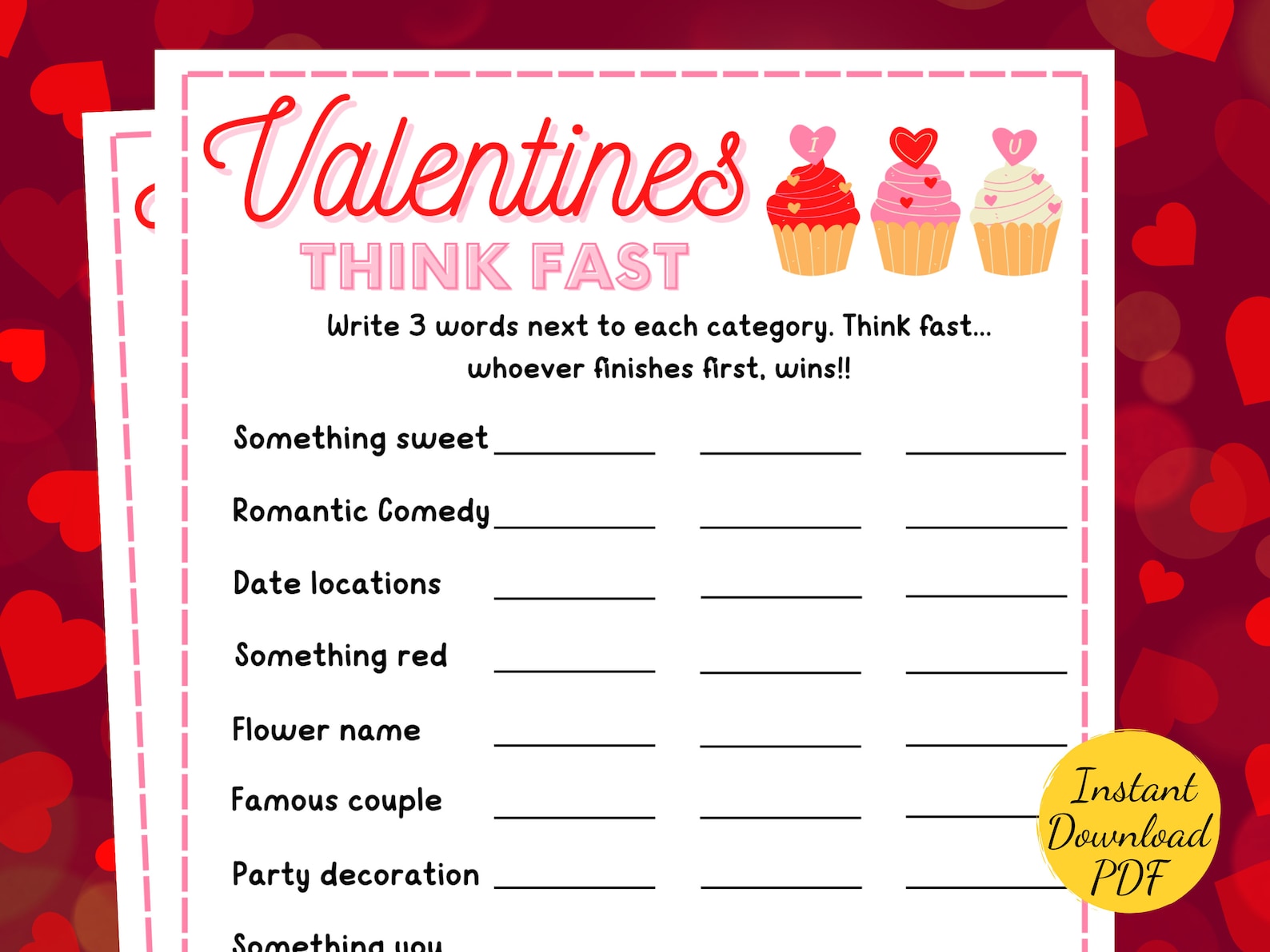 THINK FAST Valentines Day Game Valentines Day Party Game Printable ...
