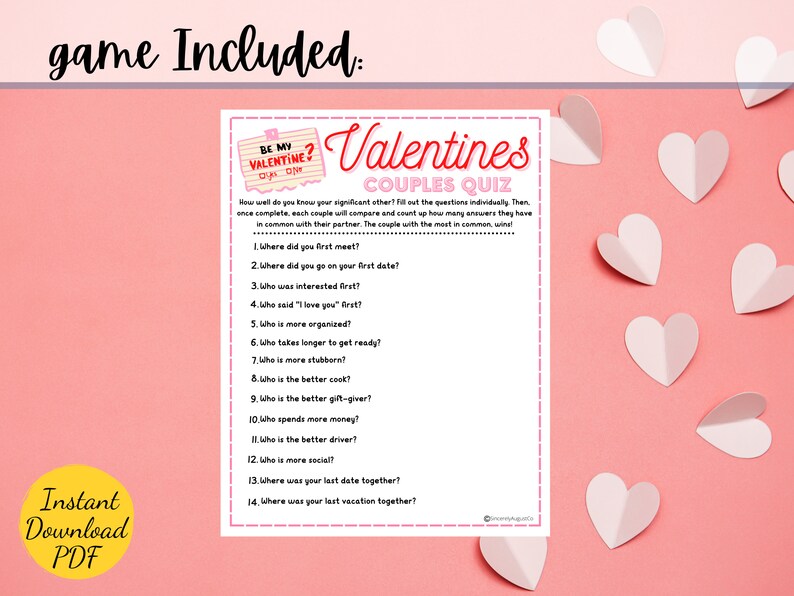 COUPLES QUIZ Valentines Day Game Valentines Day Party Game Printable ...