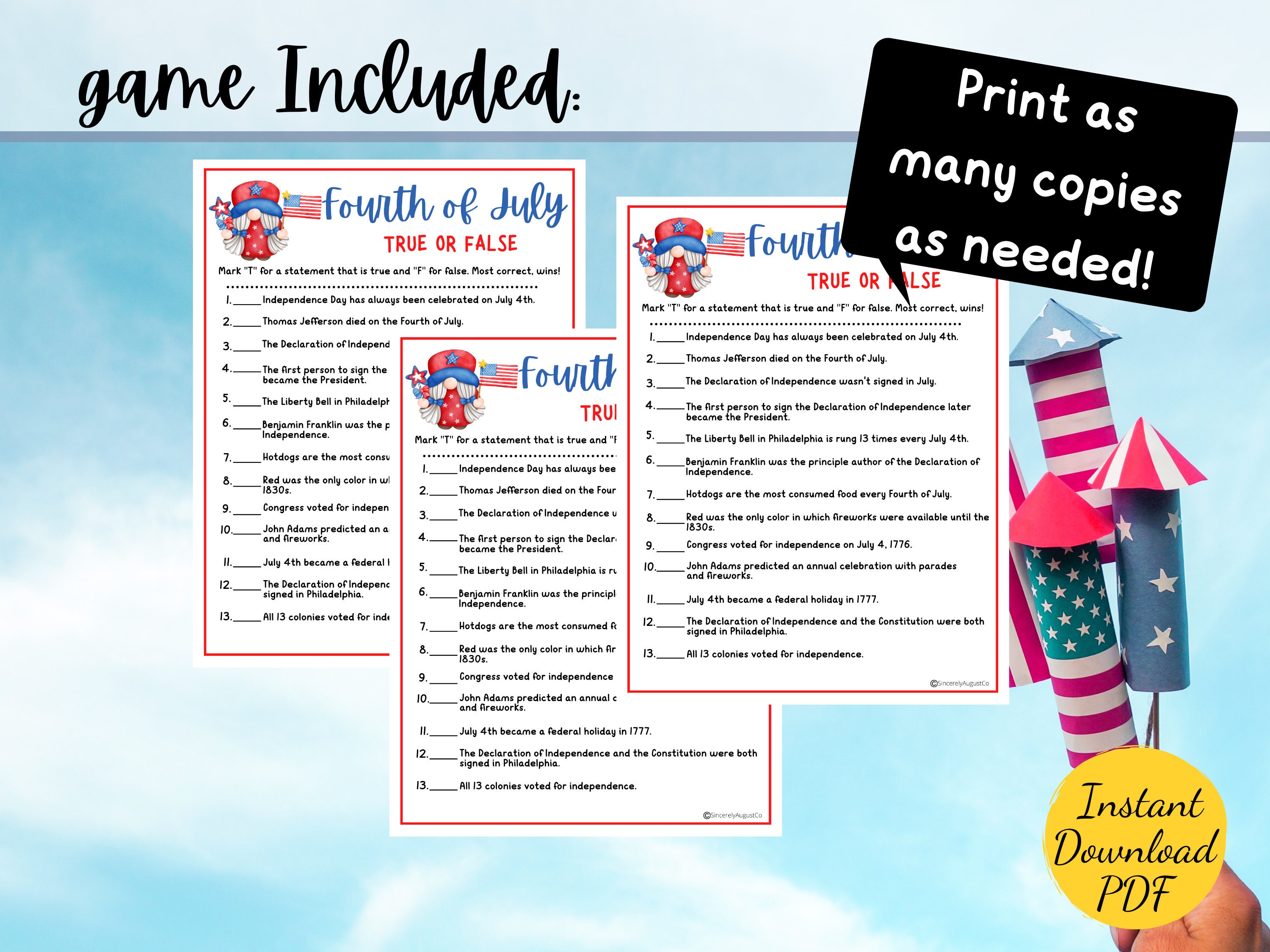 Fourth of July TRUE OR FALSE Game July 4th Party Game - Etsy