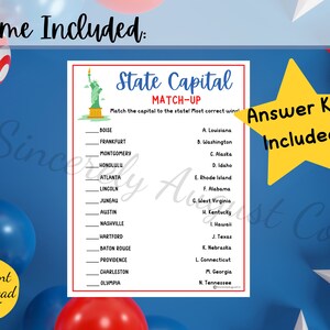 Fourth of July STATE CAPITAL MATCH Game - July 4th Party Game ...