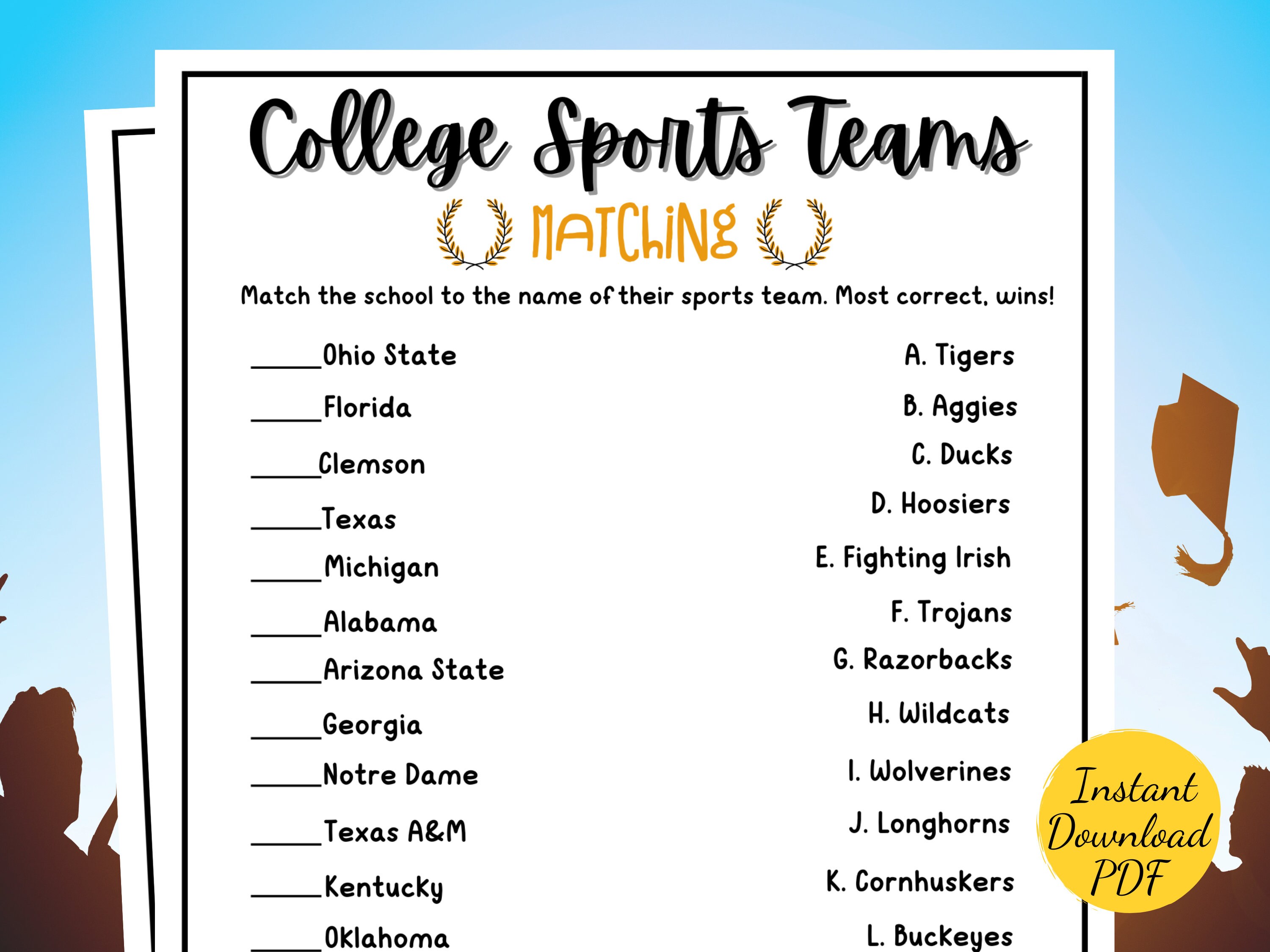 COLLEGE SPORTS TEAM Matching Game Graduation Party Game High School ...