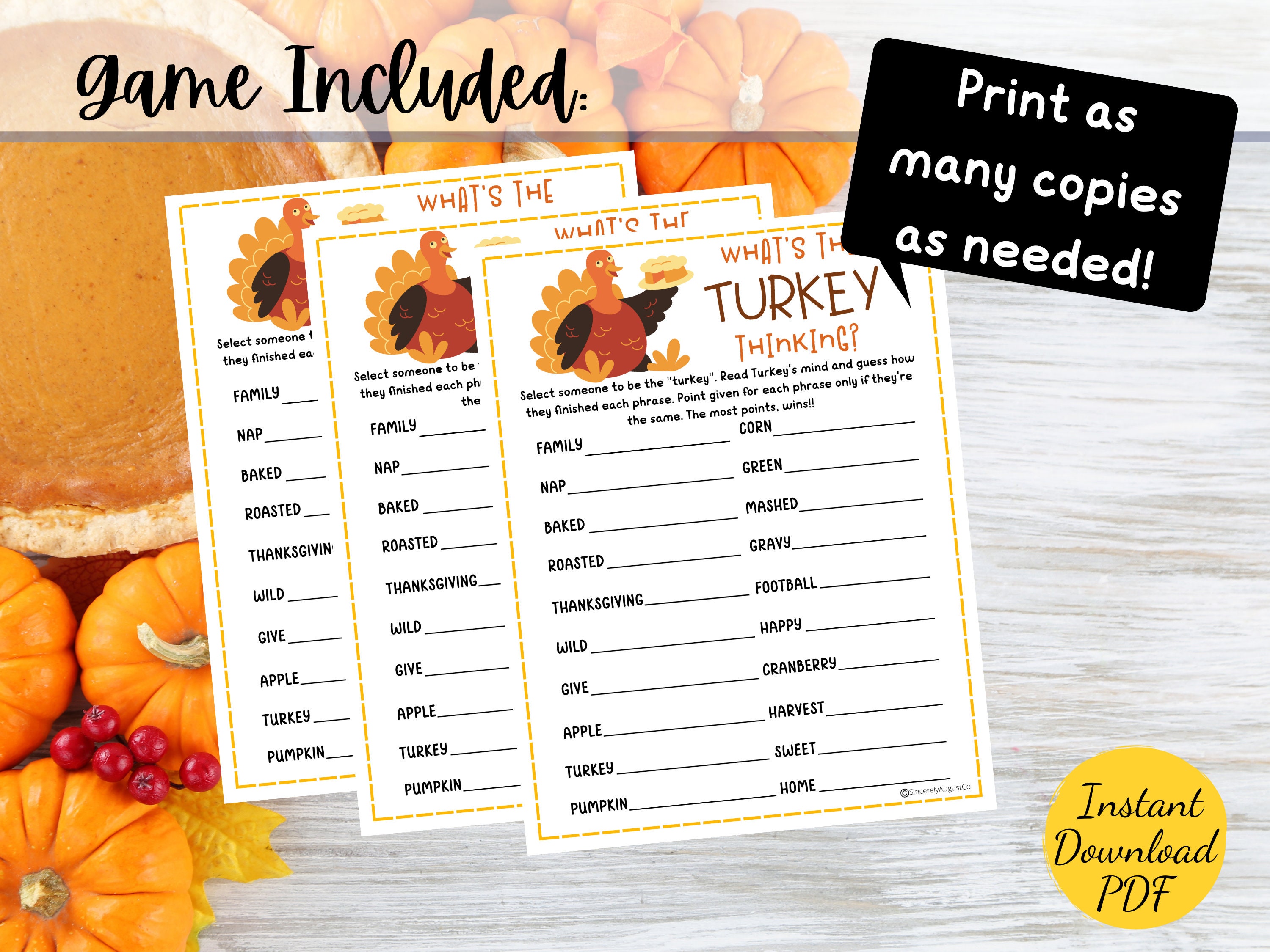 WHAT'S the TURKEY THINKING Thanksgiving Party Game Printable ...