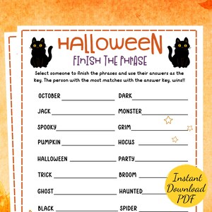 FINISH THE PHRASE Halloween Party Game - Printable Halloween Party ...