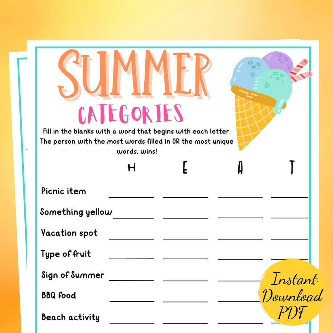 Summer CATEGORIES Game: Printable Party Activity (PDF) - Etsy