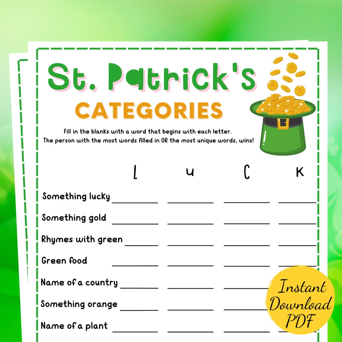 St. Patrick's Day CATEGORIES Game: Printable Party Activity (PDF) - Etsy