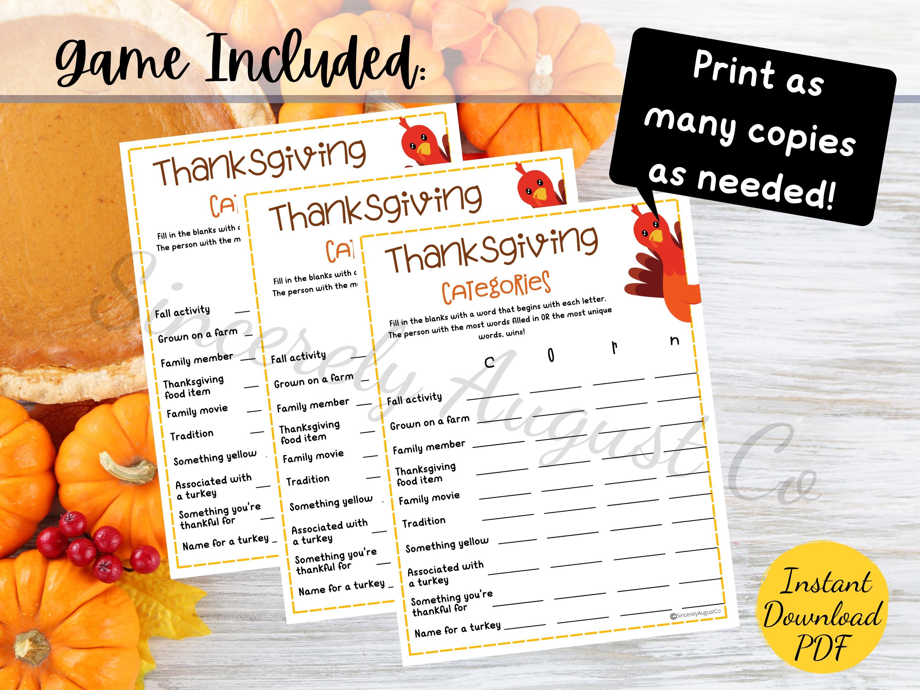 Thanksgiving CATEGORIES - Printable Thanksgiving Party Game ...