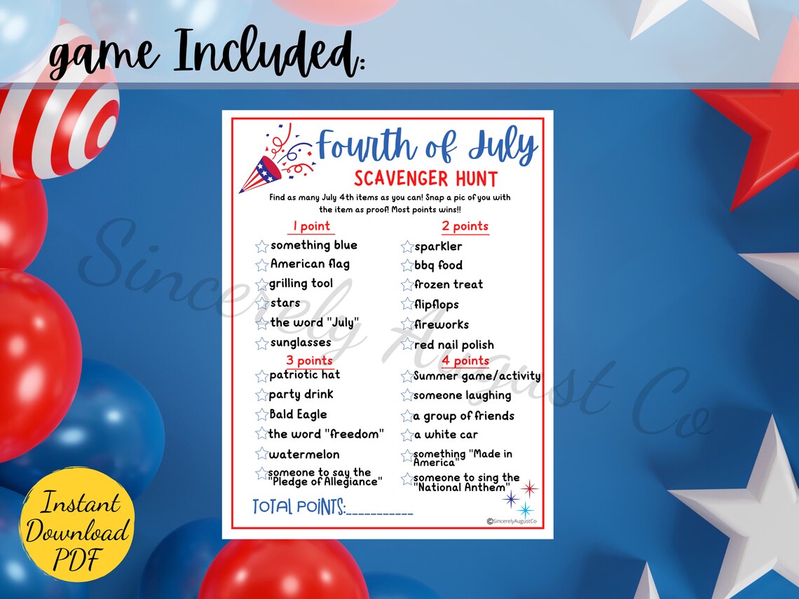 Fourth of July SCAVENGER HUNT - July 4th Party Game - Printable July ...