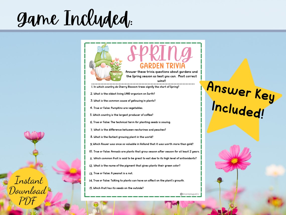 Spring GARDEN TRIVIA Game Printable Spring Season Party Game Spring ...