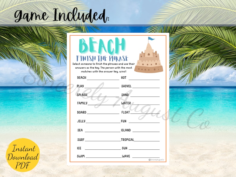 Beach FINISH the PHRASE Game: Summer Party Fun (printable PDF) - Etsy