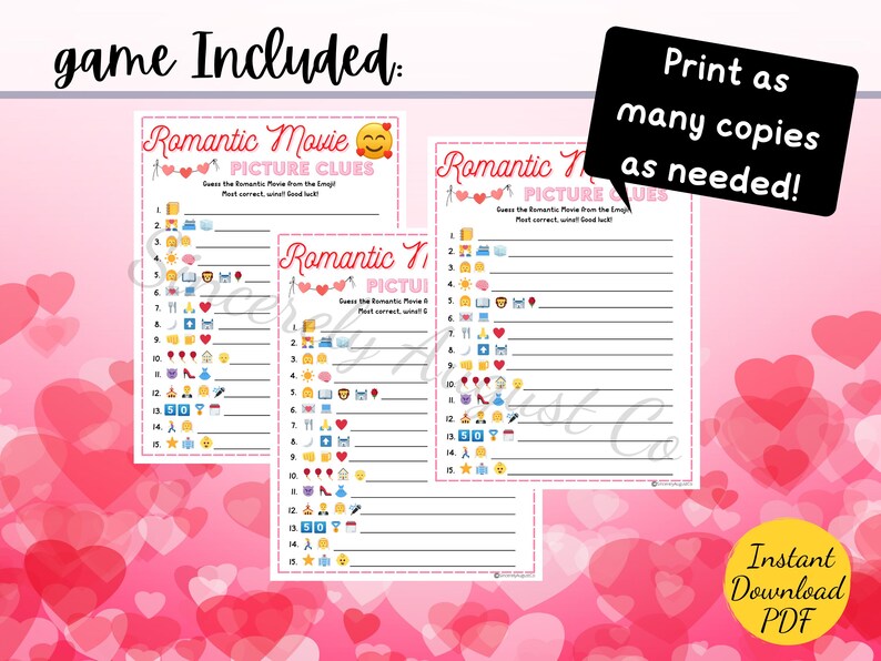 Romantic Movie PICTURE CLUES Game: Valentine's Emoji Pictionary Party ...