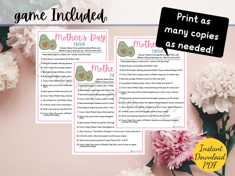 Mothers Day TRIVIA Game - Mothers Day Party Game - Printable Mothers ...