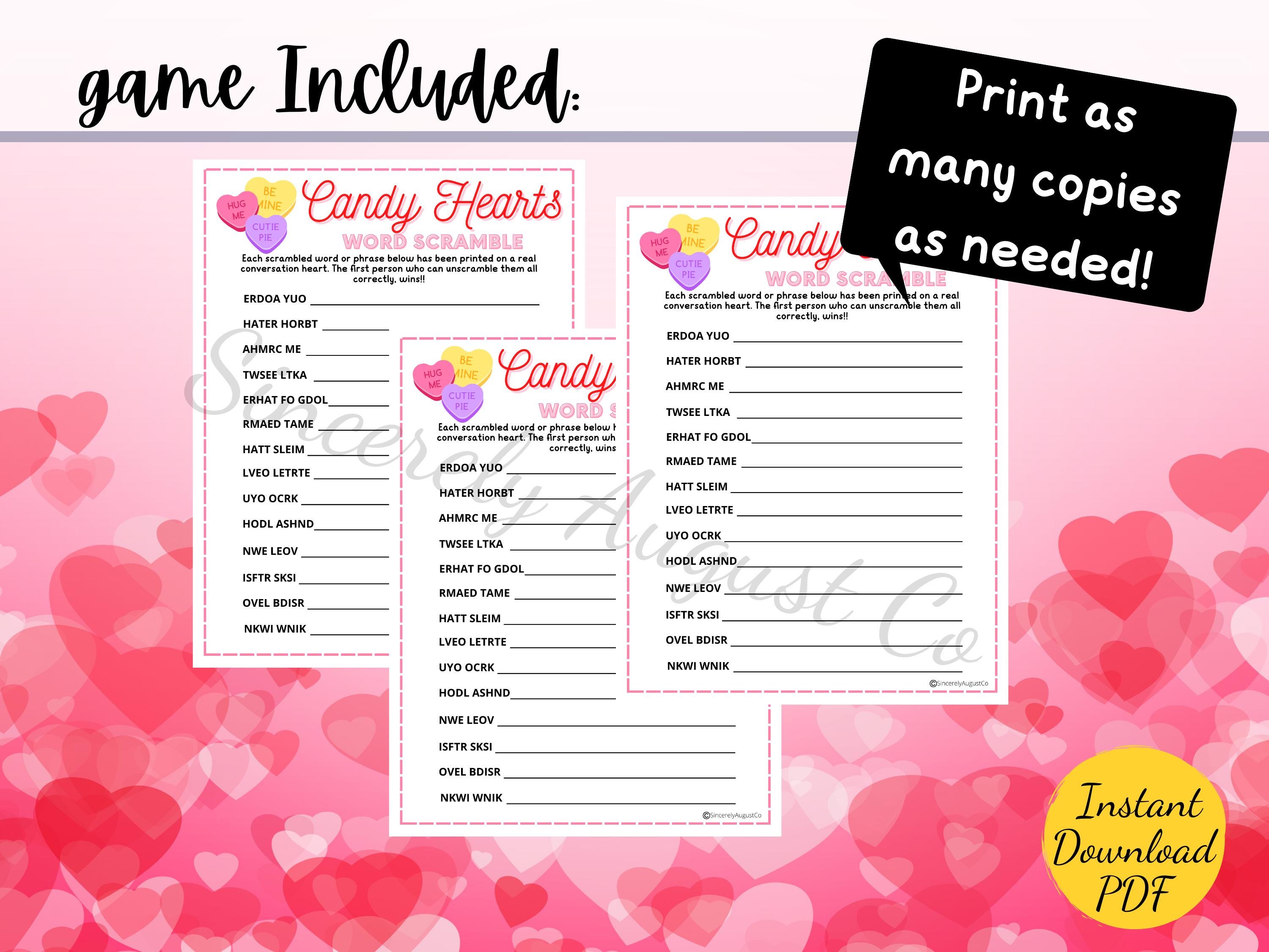 Candy Hearts WORD SCRAMBLE: Valentine's Day Party Game (printable PDF ...