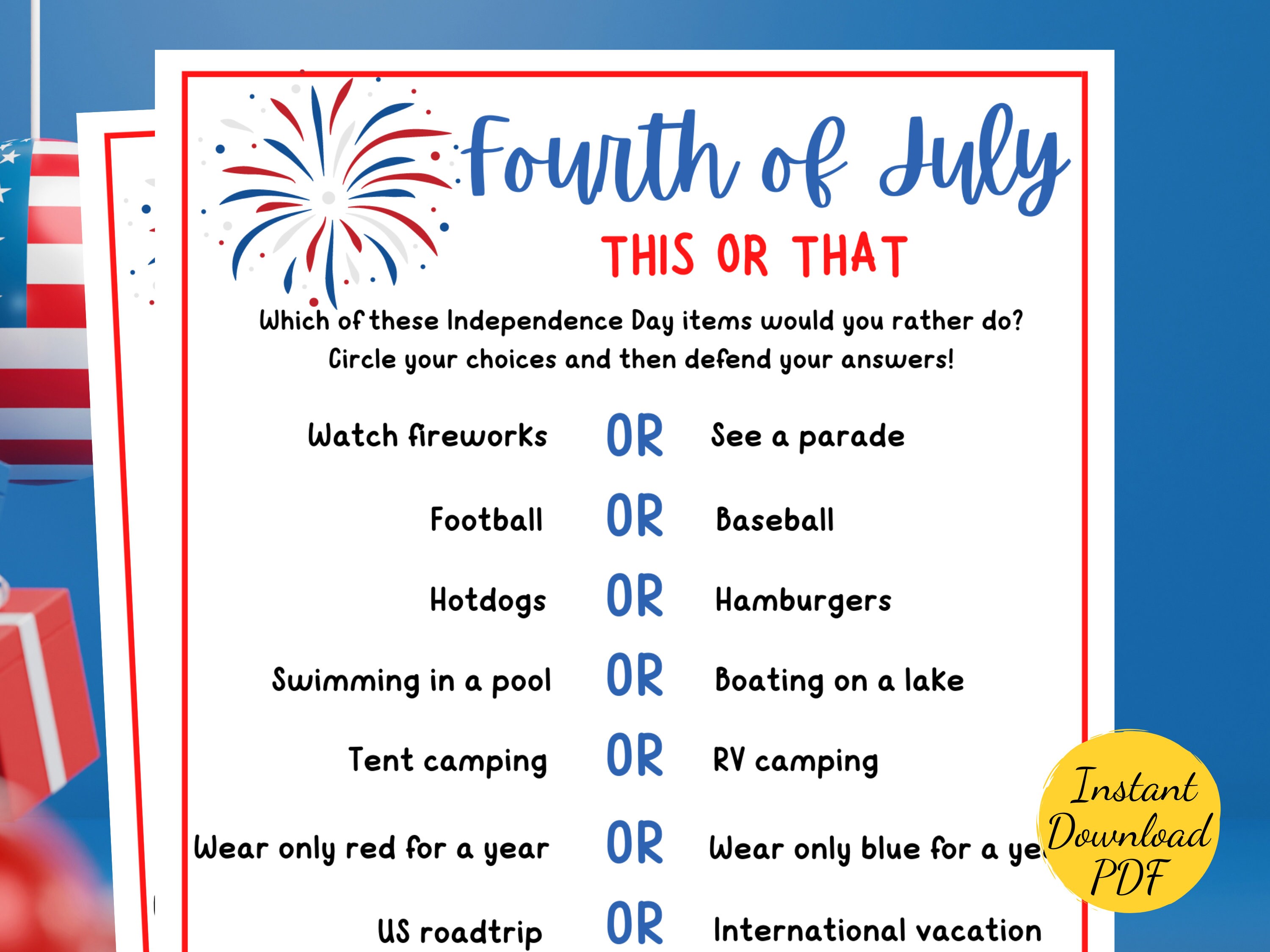 Fourth of July THIS OR THAT Game July 4th Party Game Printable July 4th ...