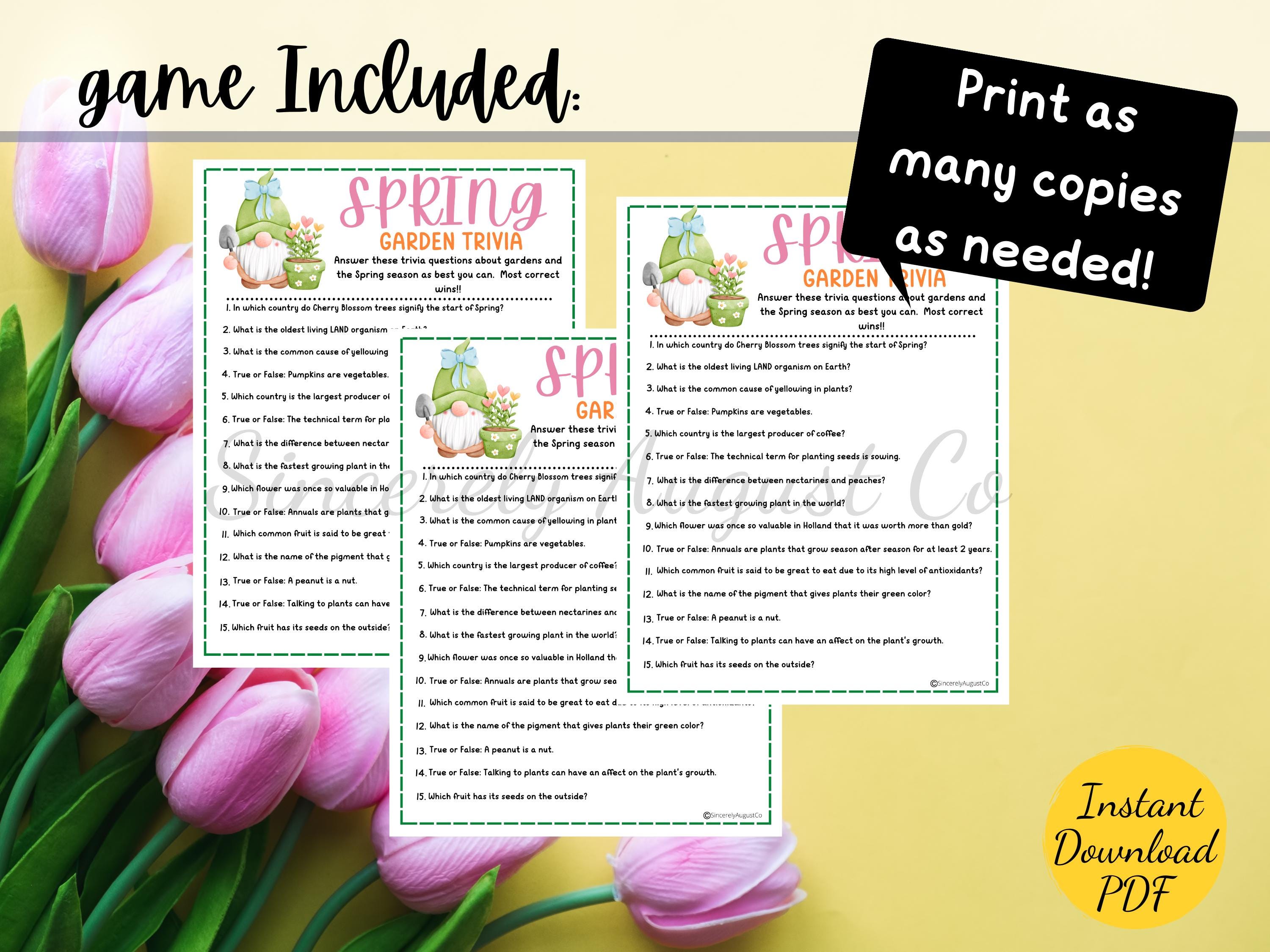 Spring GARDEN TRIVIA Game - Printable Spring Season Party Game - Spring ...