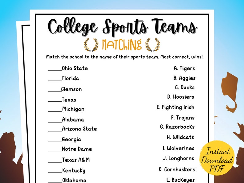 COLLEGE SPORTS TEAM Matching Game Graduation Party Game - Etsy