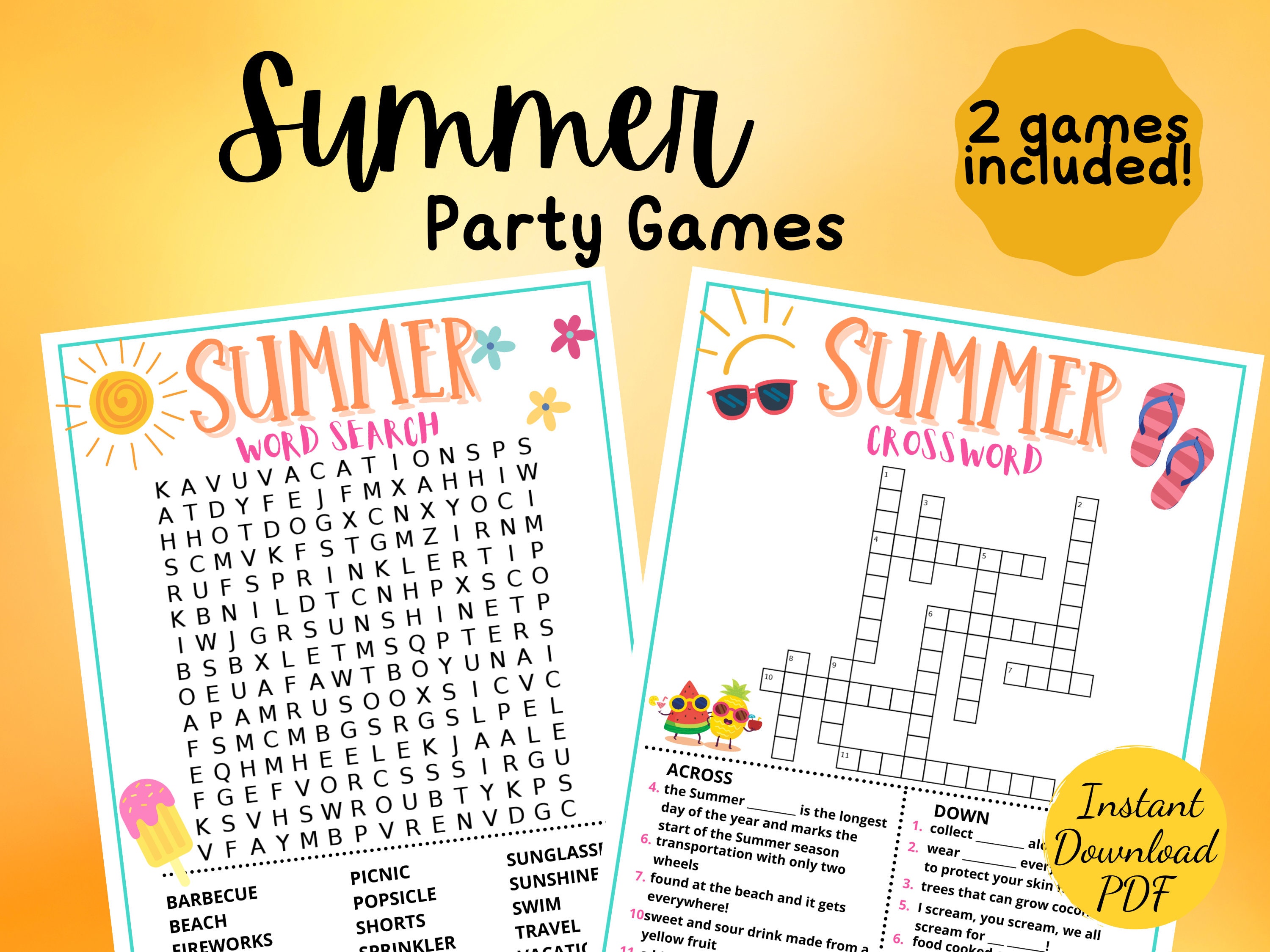 Summer WORD SEARCH Summer CROSSWORD Printable Summer Season Party Game ...