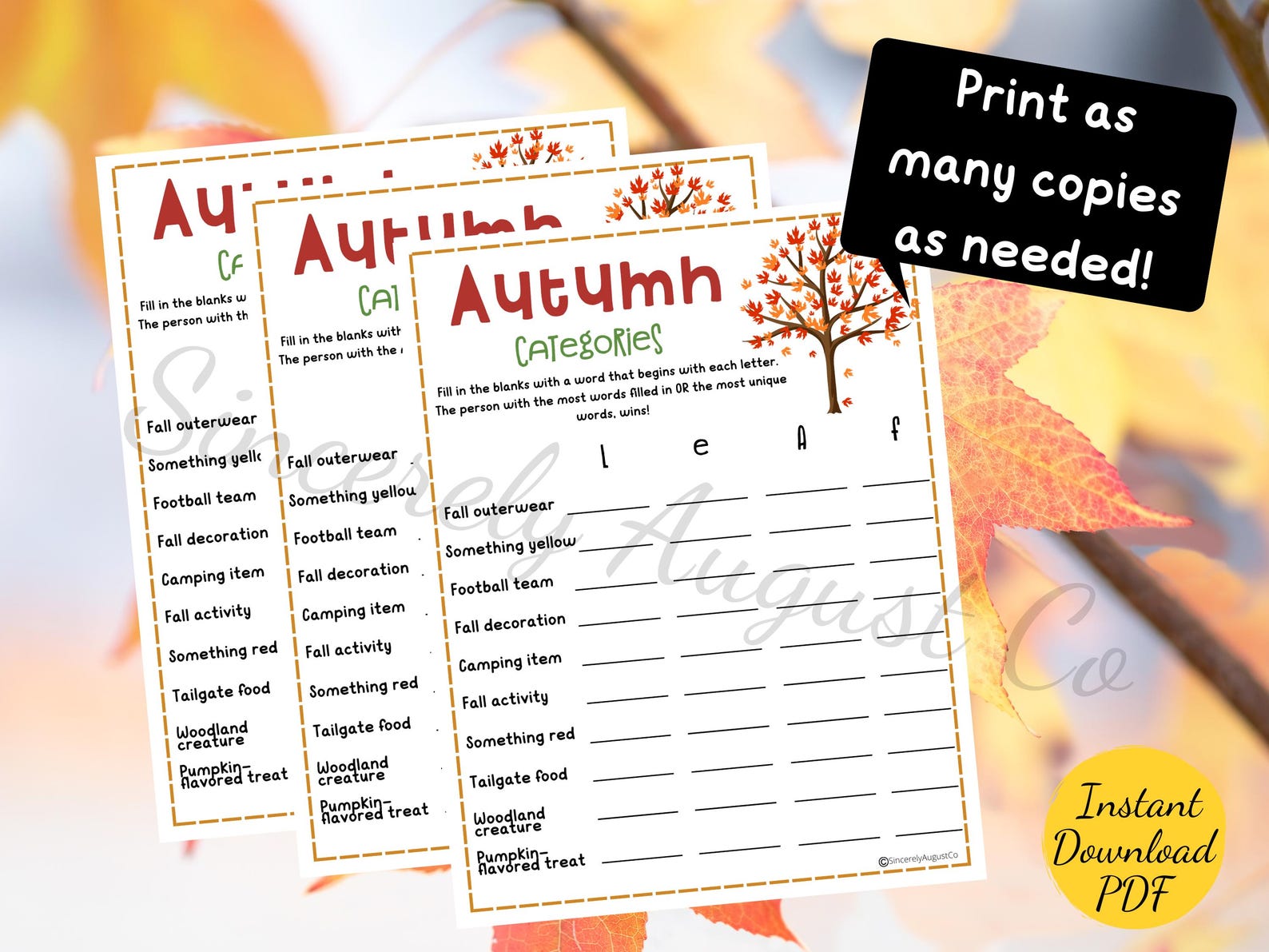 Fall CATEGORIES Game - Printable Autumn Party Game - Categories Game ...