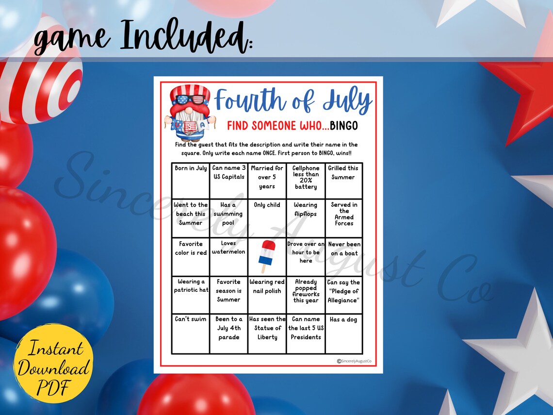 FOURTH of JULY BINGO Game - July 4th Find Someone Who Bingo - Find the ...