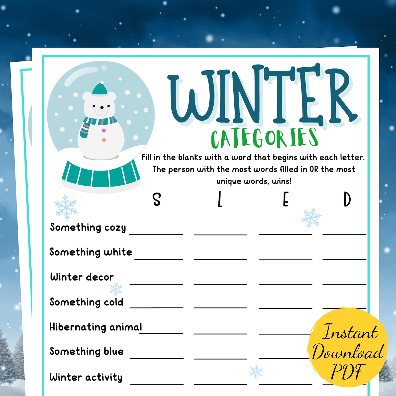 Winter CATEGORIES Game - Printable Winter Season Party Game - Fun ...