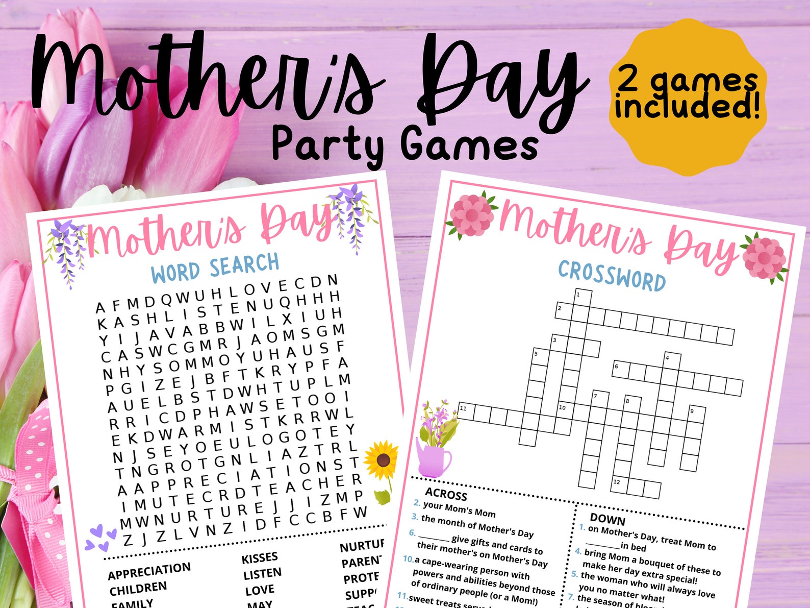 Mothers Day WORD SEARCH Mothers Day CROSSWORD Mothers Day Party Games ...