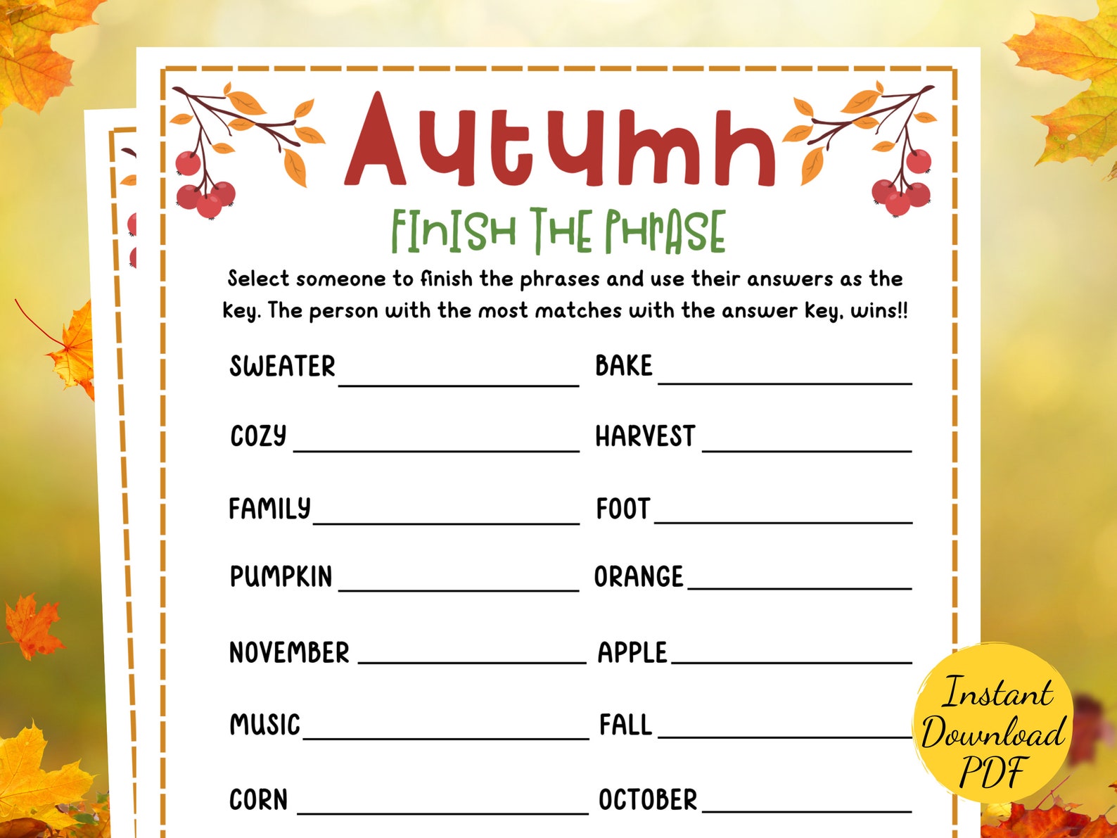 FINISH THE PHRASE Fall Game Printable Autumn Party Game - Etsy