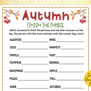 FINISH THE PHRASE Fall Game Printable Autumn Party Game - Etsy