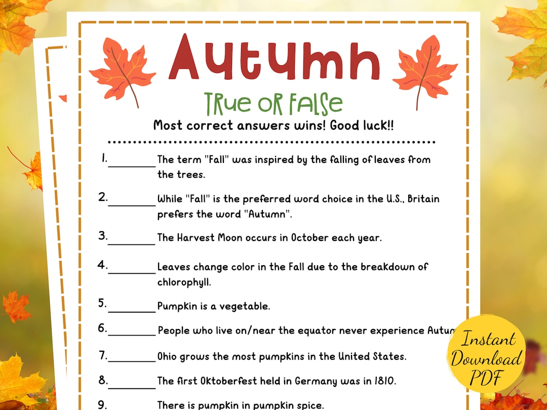 TRUE OR FALSE Fall Game Fall Trivia Game Fun Printable Autumn Activity ...