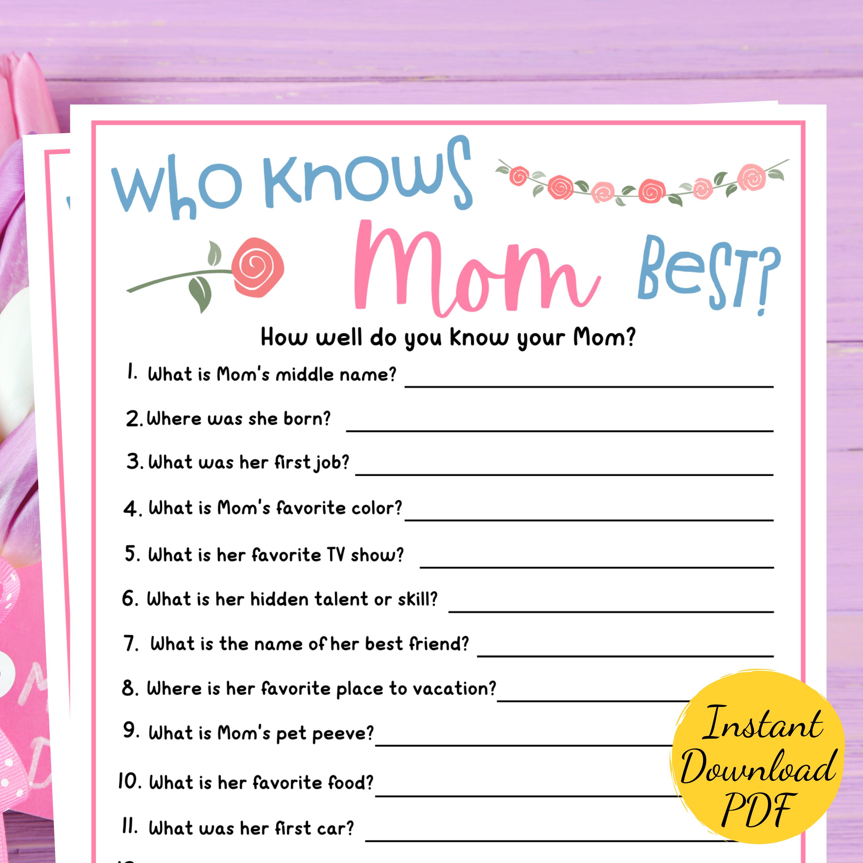 Who KNOWS MOM BEST Mothers Day Game - Mothers Day Party Game ...